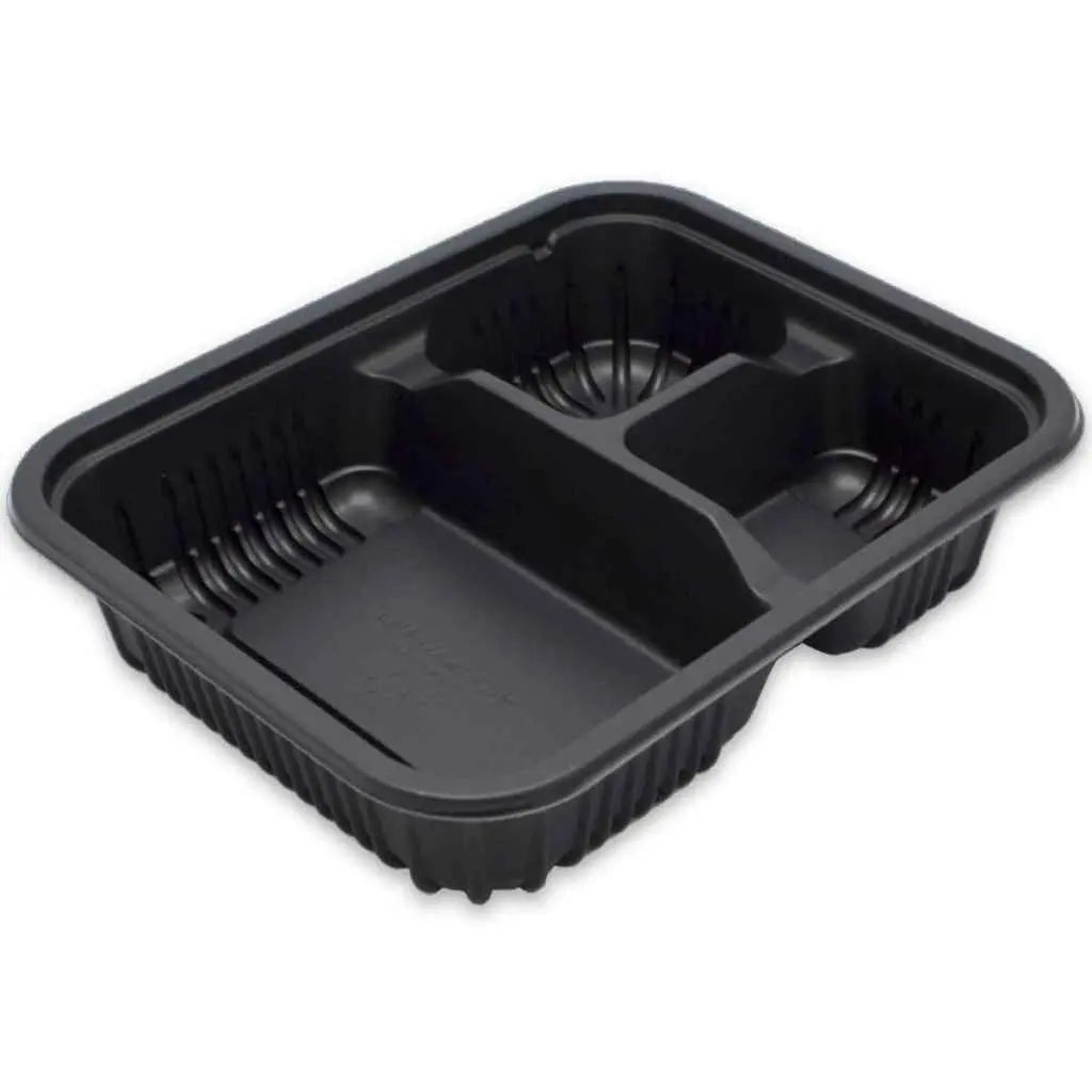 8" x 6.5" Black Ribbed PP - 3 Compartment Oblong Tray, 24 Oz. With ...
